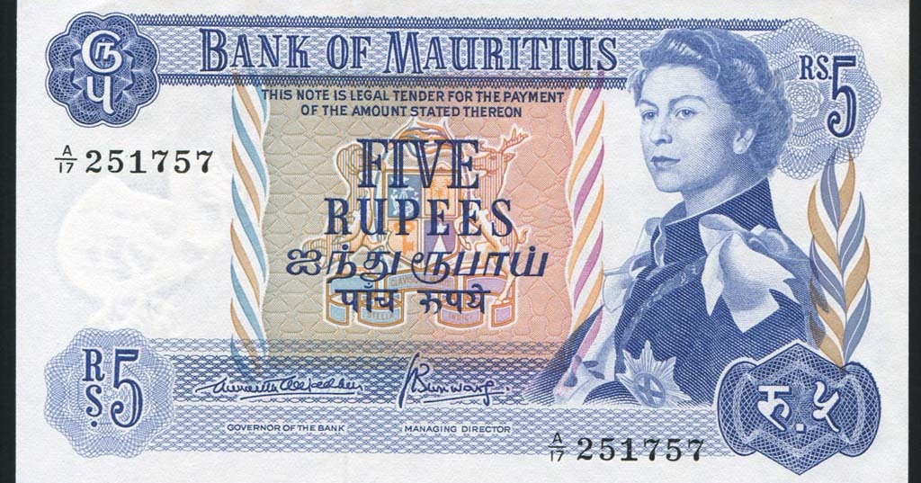 Mauritius banknotes 5 Rupees 1967 Queen Elizabeth II|World Banknotes ...