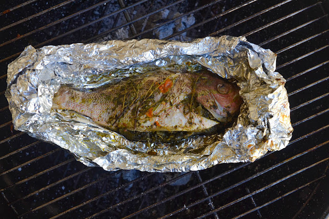 Greedy Girl : Callaloo okra and pumpkin stuffed foil roast fish