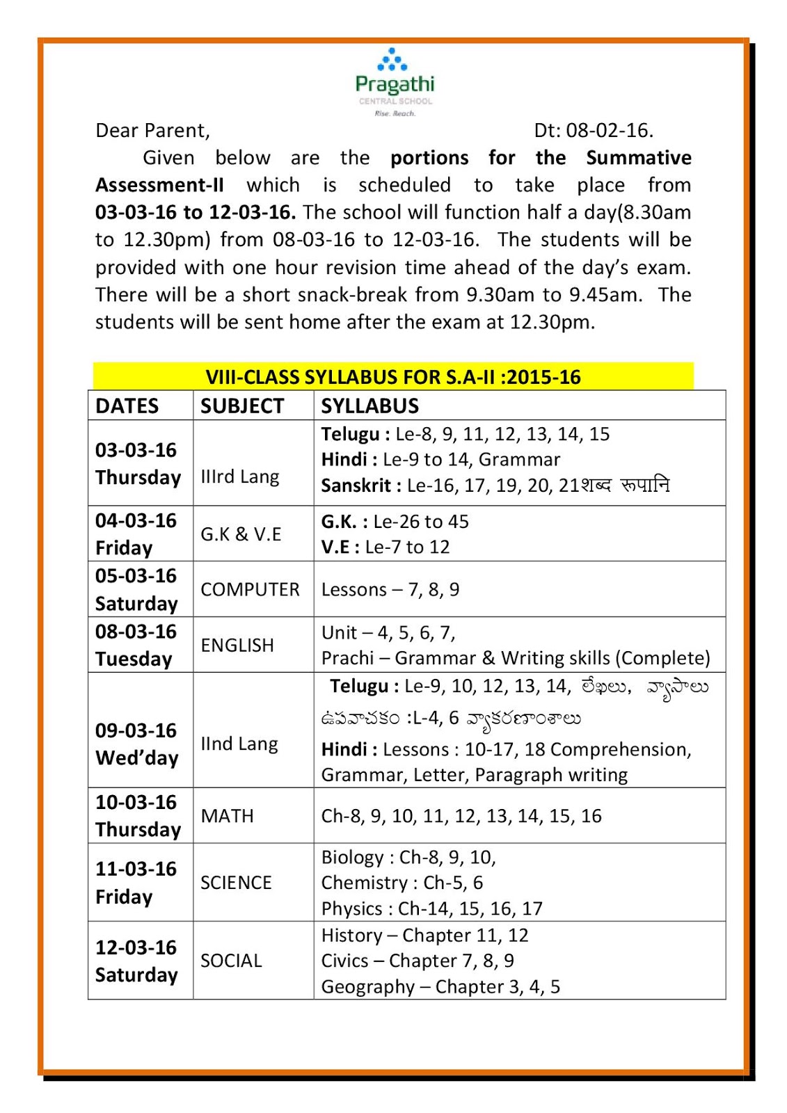 PRAGATHI CENTRAL SCHOOL: GRADE - 8 - TIME TABLE AND PORTION OF ...