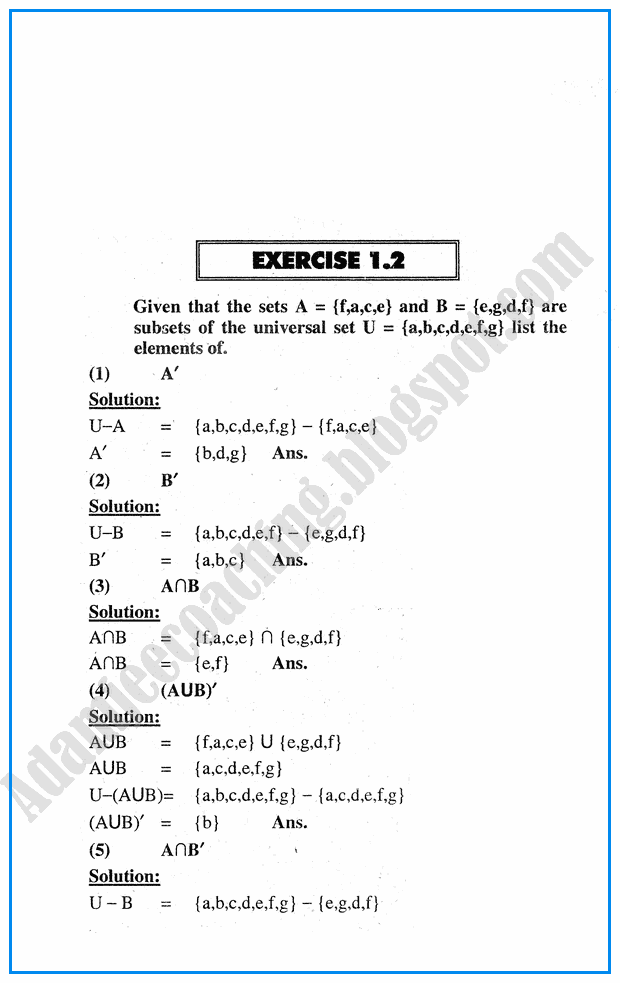 Adamjee Coaching: Exercise 1.2 - Sets - Mathematics Notes for Class 10th