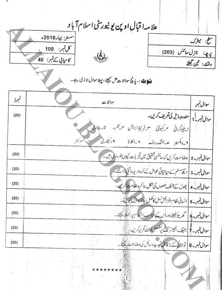 AIOU General science code 203 old paper matric 2016 - All About Aiou