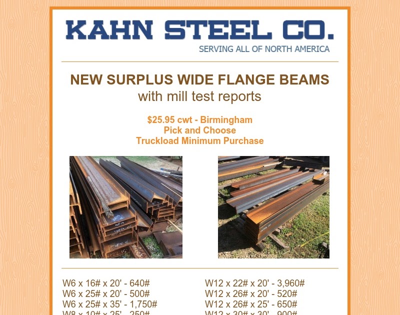 Kahn Steel Co.: NEW SURPLUS WIDE FLANGE BEAMS IN BIRMINGHAM ALABAMA