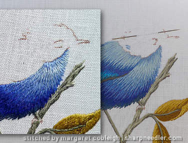 The Sharp Needler: Thread Painted Royal Blue Bird: Lots of Progress!