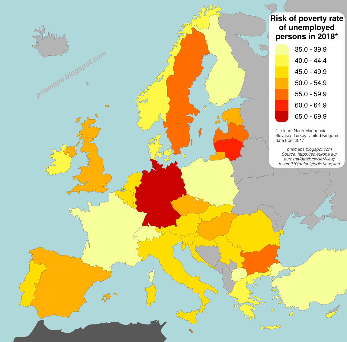 Prismaps - Maps of Europe: Risk of poverty of unemployed persons in 2018