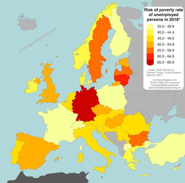 Prismaps - Maps of Europe: Risk of poverty of unemployed persons in 2018