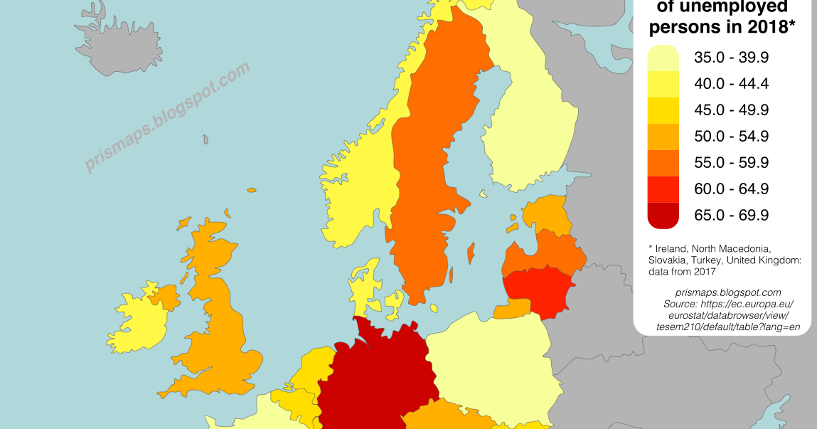 Prismaps - Maps of Europe: Risk of poverty of unemployed persons in 2018