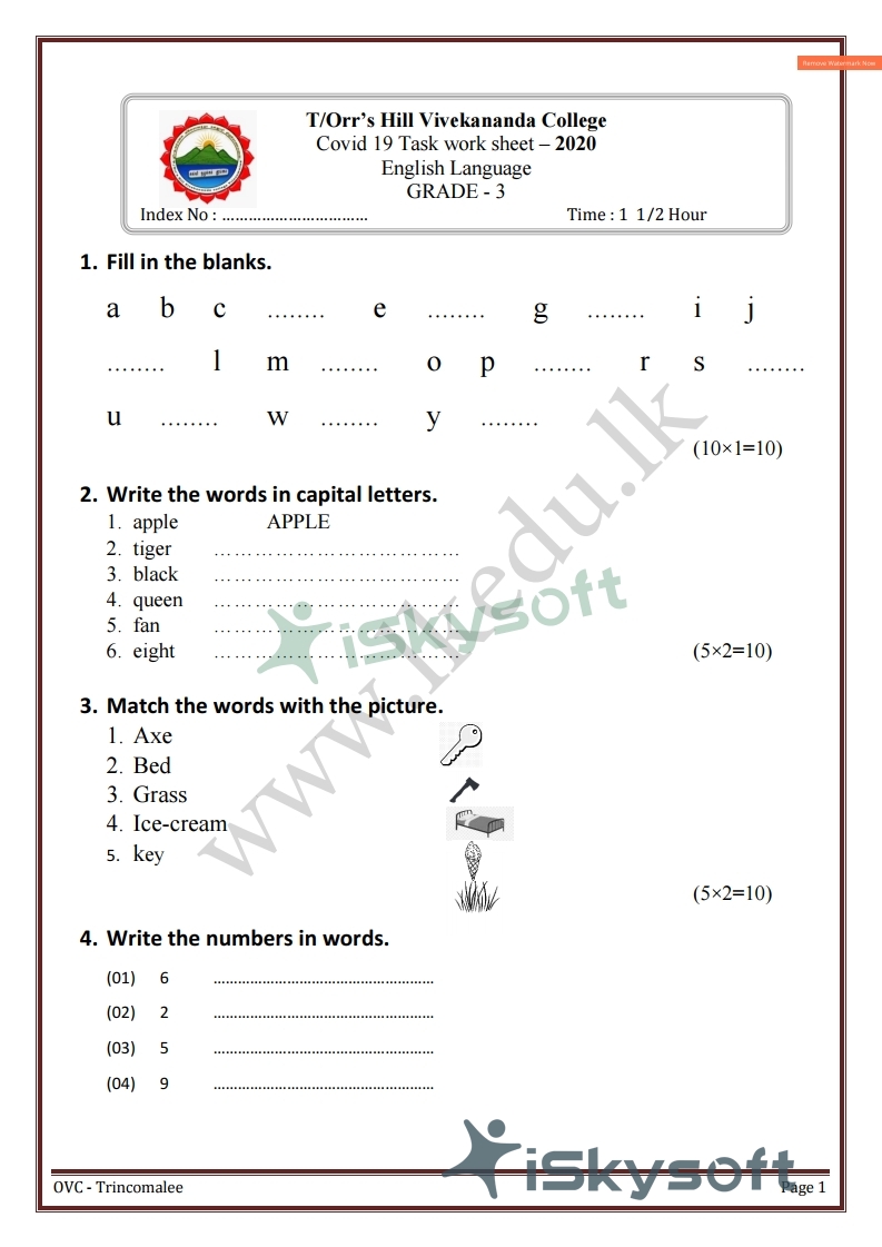 Grade 3- - English Task worksheet T/Orr's Hill Vivekananda College ...