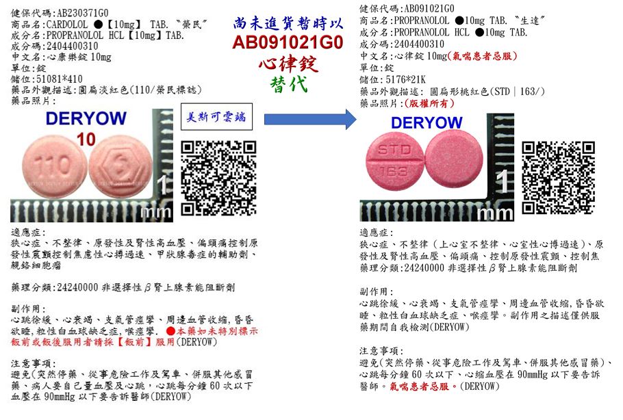 德佑藥局藥袋資訊暨藥品外觀分享: AB230371G0 CARDOLOL 【10mg】 TAB.〝榮民〞 成分名:PROPRANOLOL ...