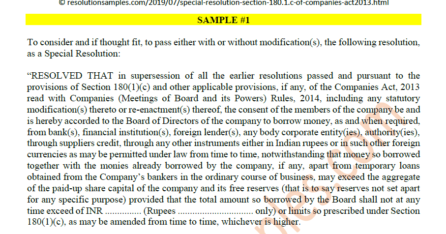 Special Resolution for Section 180(1)(c) Borrowing Power Limits