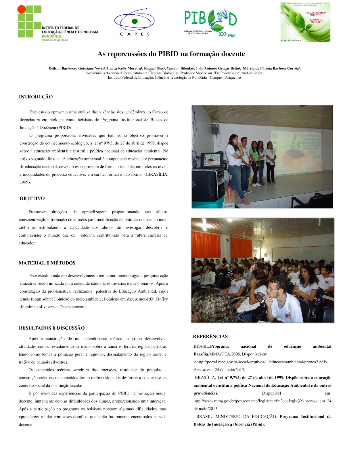 PIBID/CAPES - IFRO - ARIQUEMES/RO: BANNER APRESENTA A IMPORTÂNCIA DO ...