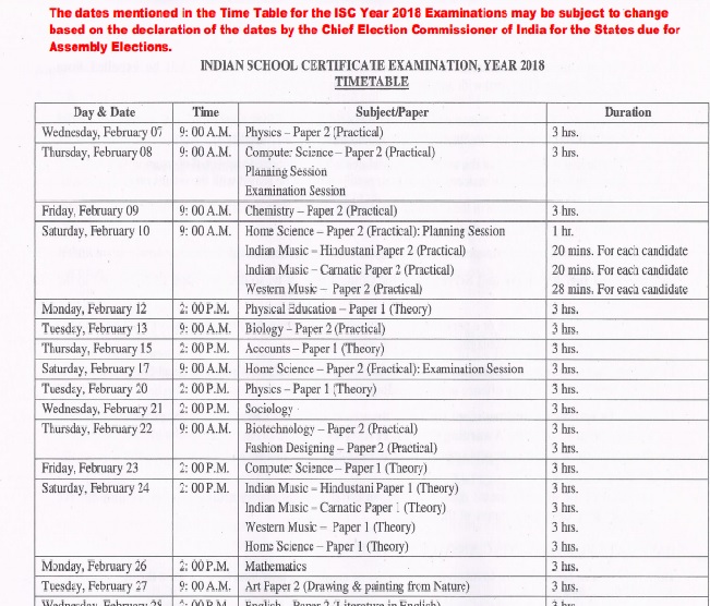 Bengal Information: ICSE ISC Date Sheet 2018
