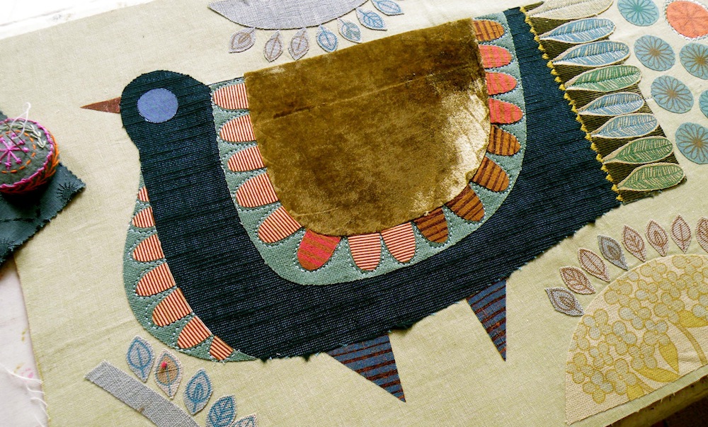 NANCY NICHOLSON: Shed, and Pigeon embroidery production