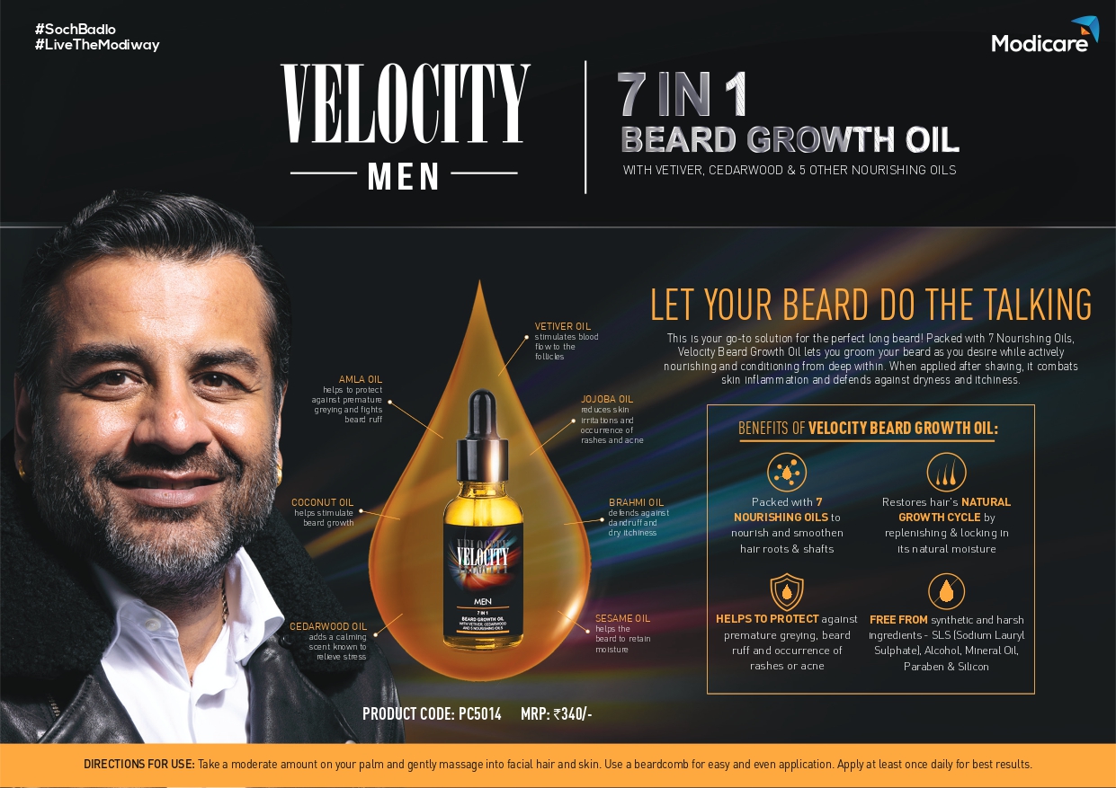 MODICARE VELOCITY MEN 7 IN 1 BEARD GROWTH OIL (30ML) - MRP Rs 340