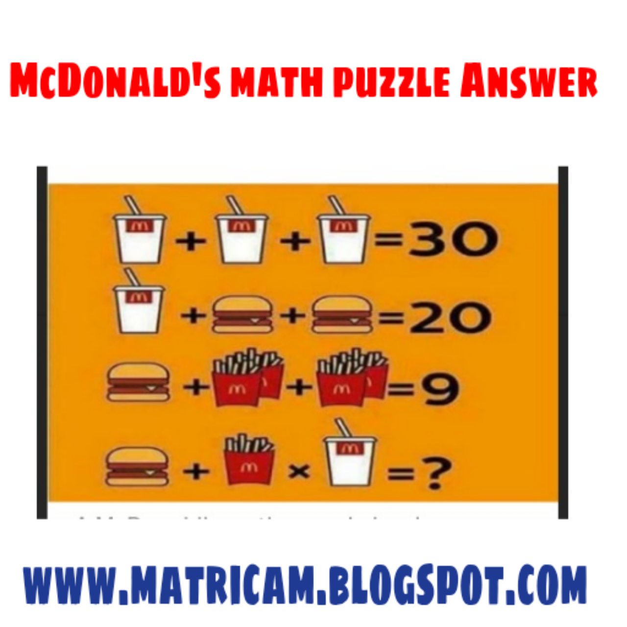 Milk drink bottle, hamburger and packet fries| McDonald’s math puzzle ...