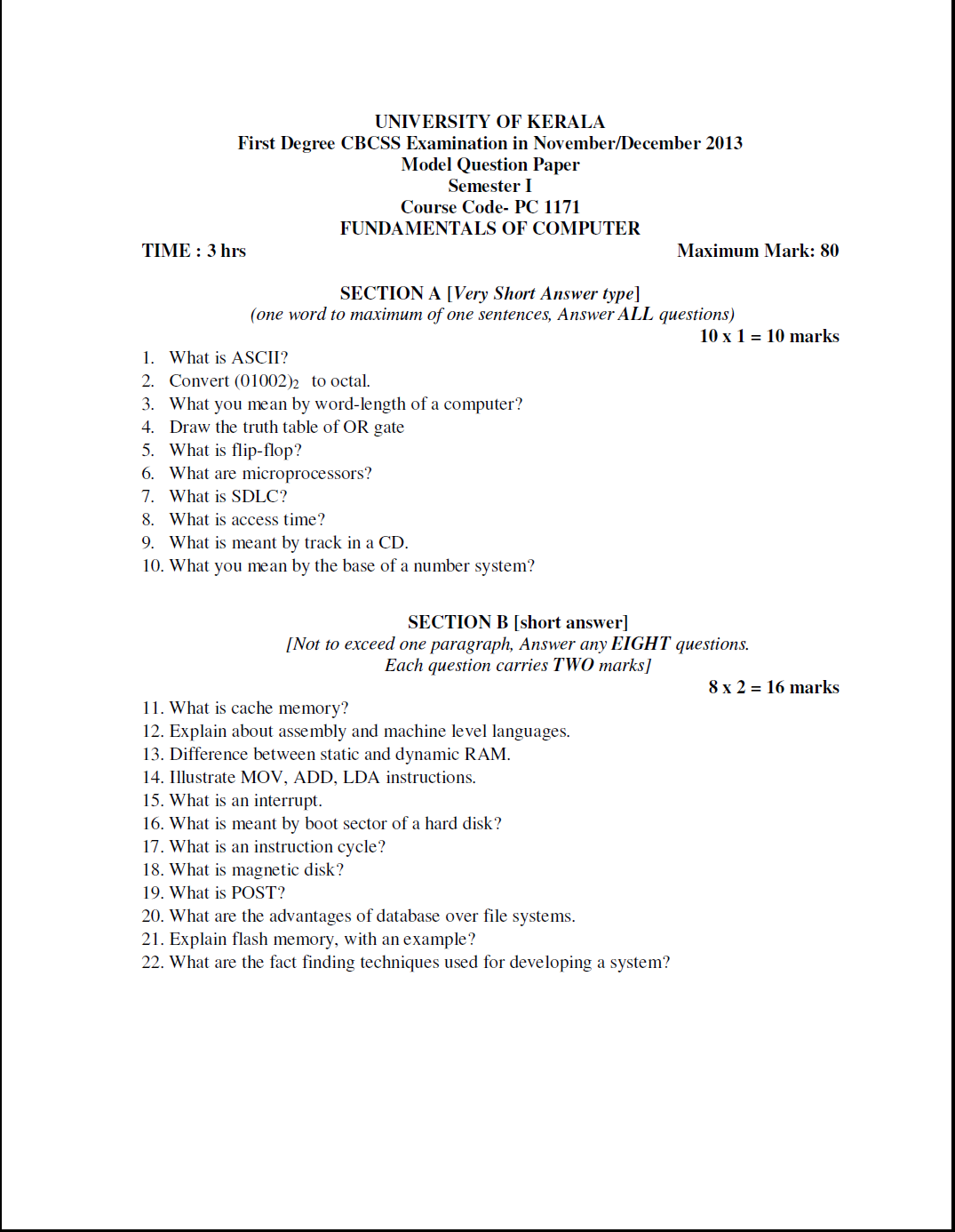 Kerala University PC Fundamentals Of Computer November/December 2013 ...