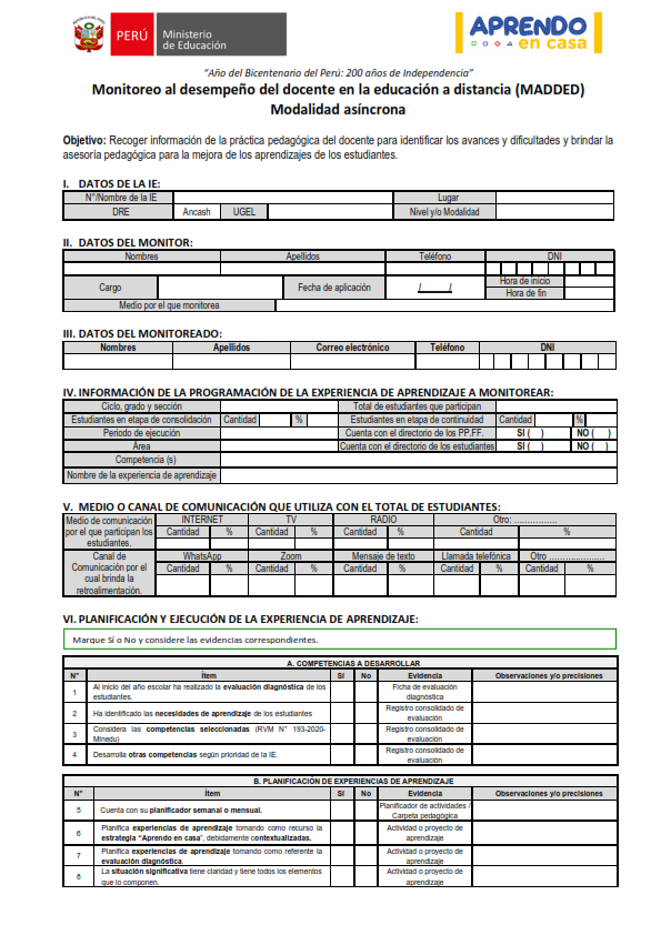 Ficha de monitoreo del desempeño docente 2021 ~ Ministerio de Educación - MINEDU