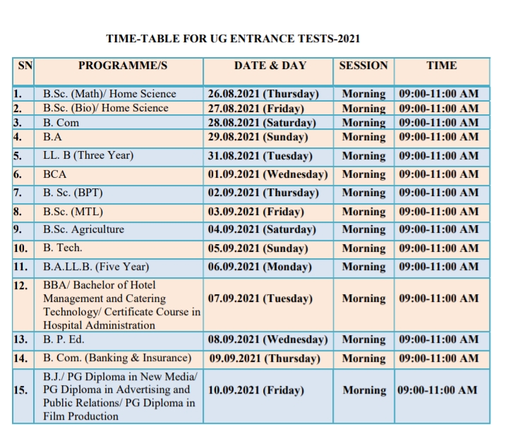 ddu new entrance exam date 2021- ddu new ug time table