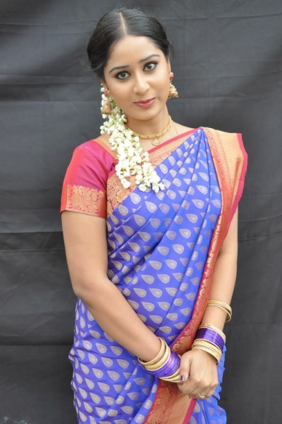 Glamorous Indian Girl TV Serial Actress Sneha Photos In Blue Saree ...