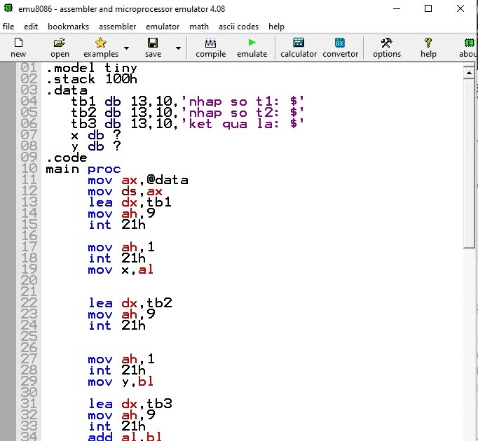 Tổng hợp lời giải bài tập lập trình emu8086 cho môn kỹ thuật vi xử lý ...