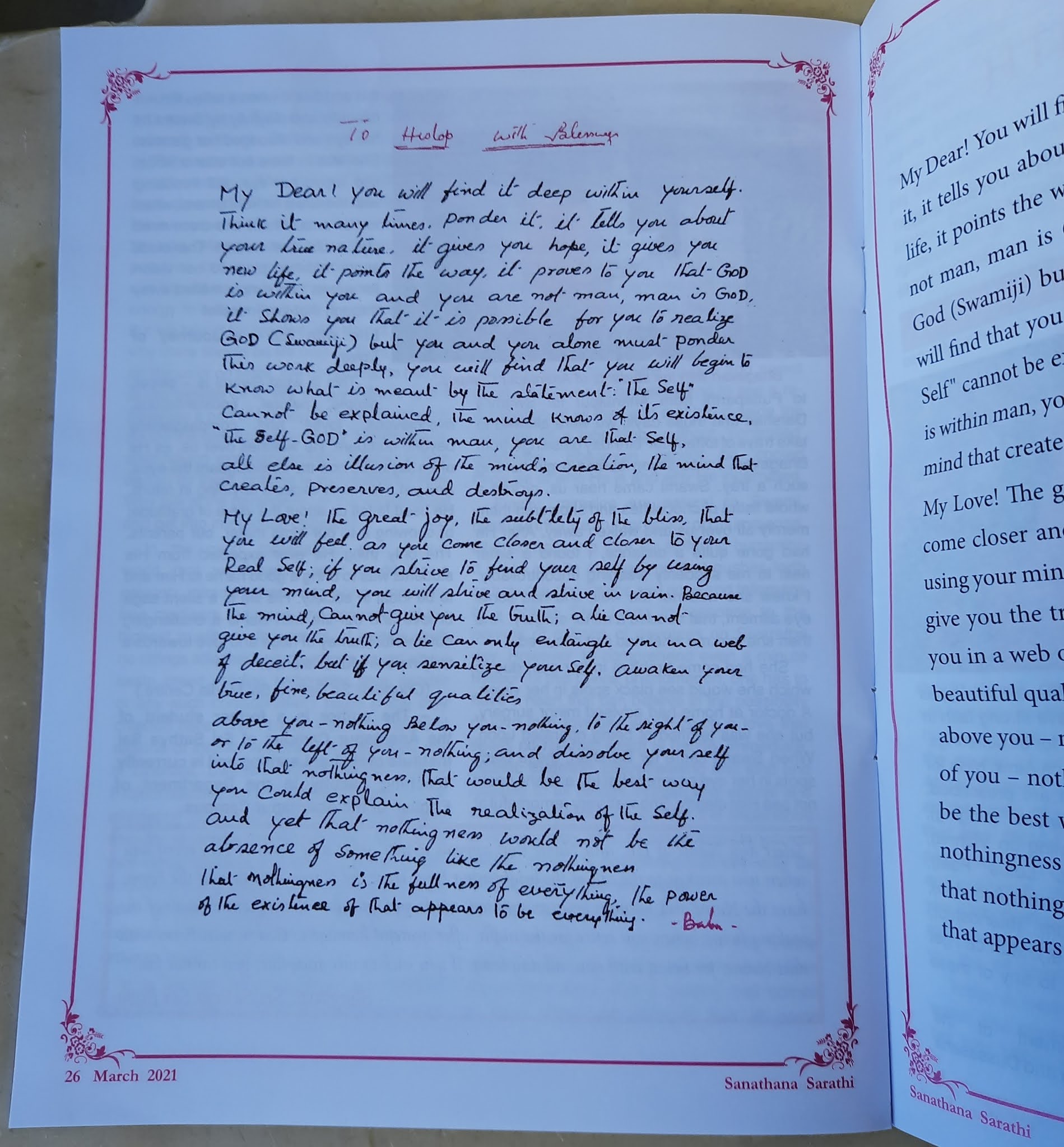 Sathya Sai Baba letter to John Hislop on Self-Inquiry and Self ...