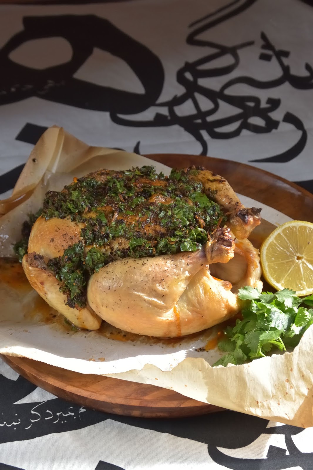 Lebanese roast chicken with lemon, garlic, and cilantro sauce