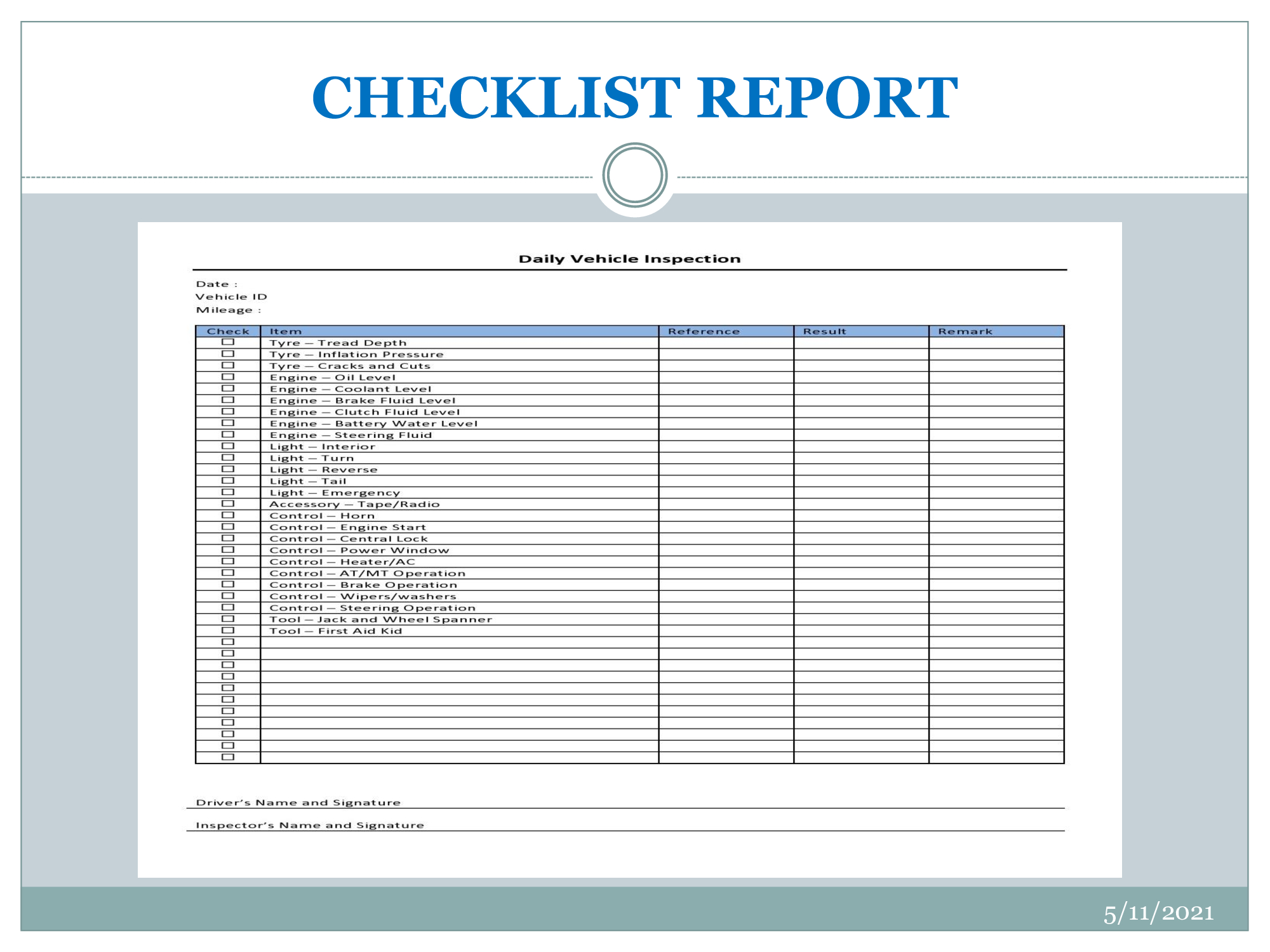 VEHICLE DAILY CHECK LIST/INSPECTION