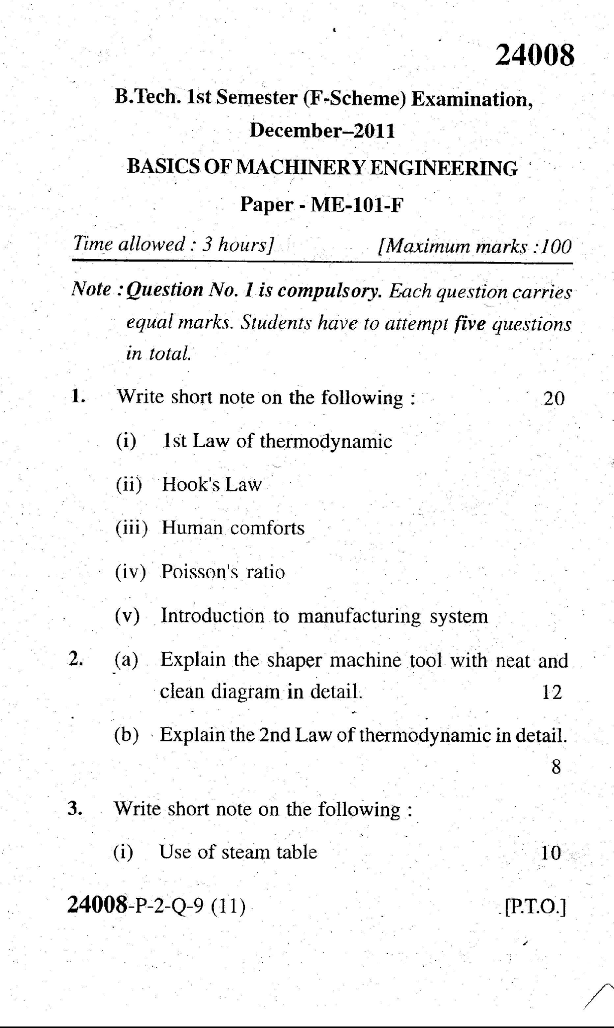 MDU B.Tech 1st Semester Basics of Mechanical Engg Dec 2011 Question ...