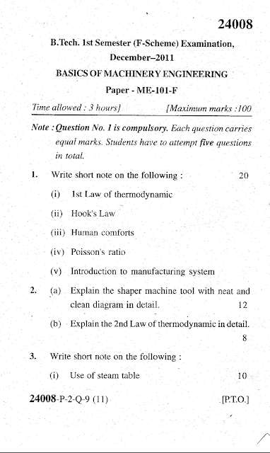 MDU B.Tech 1st Semester Basics of Mechanical Engg Dec 2011 Question Paper - University Question ...