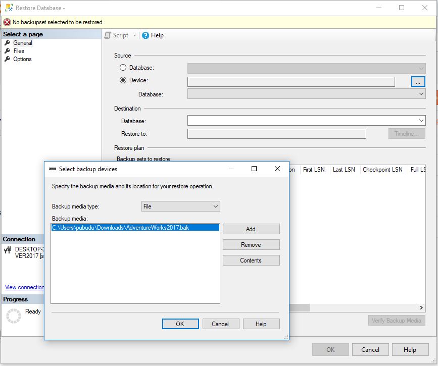 Restore AdventureWorks2017.bak file into SQL Server 2017 - Pubudu Dewagama