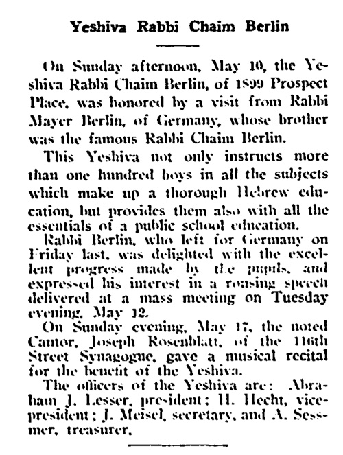 On the Main Line: Rabbi Mayer Bar Ilan's visit to Chaim Berlin in 1914