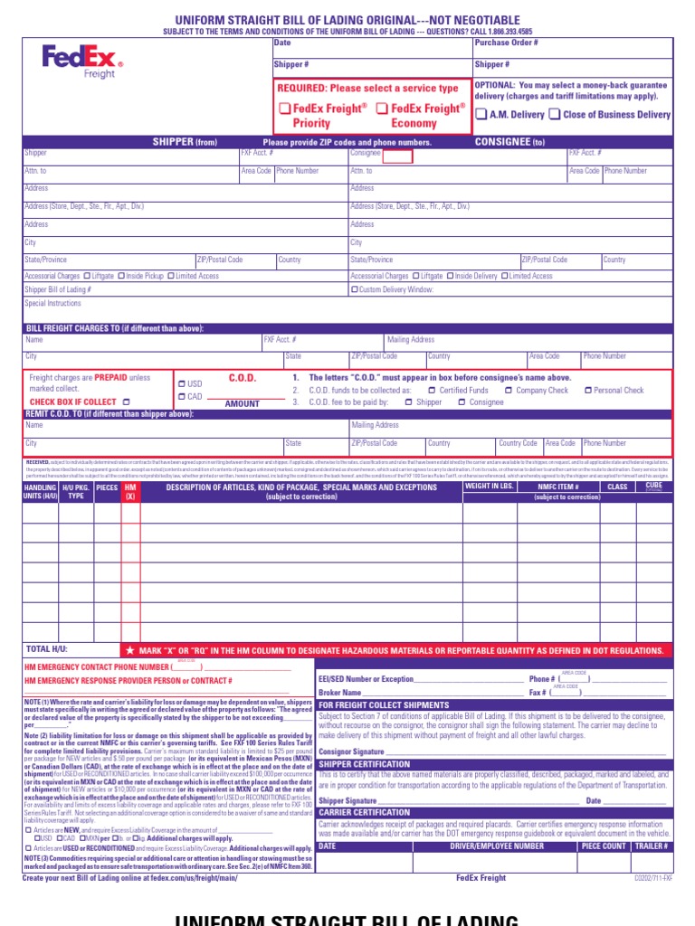 Fedex Freight Priority Bill Of Lading - Invoice Template