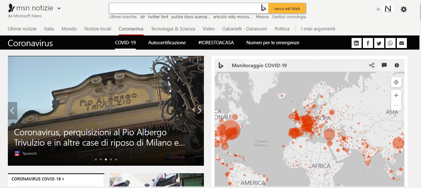 Coronavirus, collegamento a MSN Notizie su Outlook.com