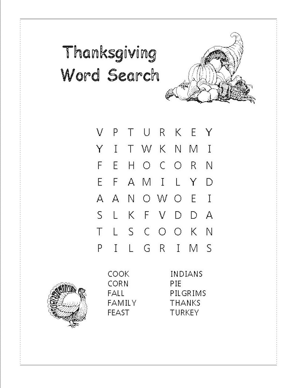 Fichas de Inglés para niños: Thanksgiving wordsearch