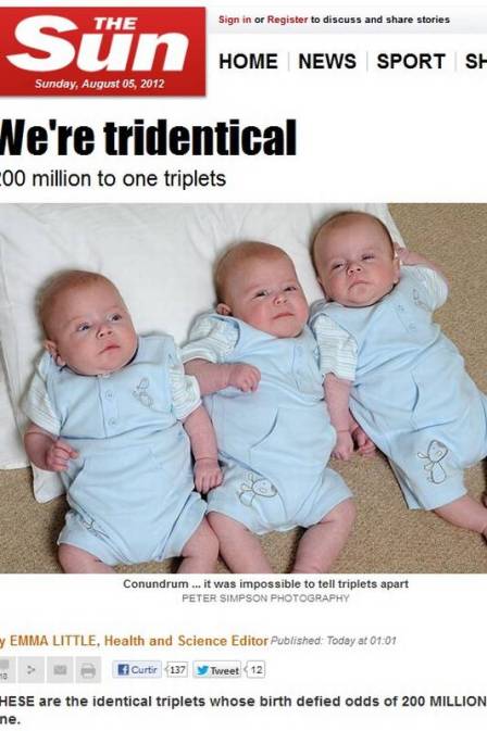 A probabilidade do nascimento de trigêmeos idênticos é de 200 milhões ...