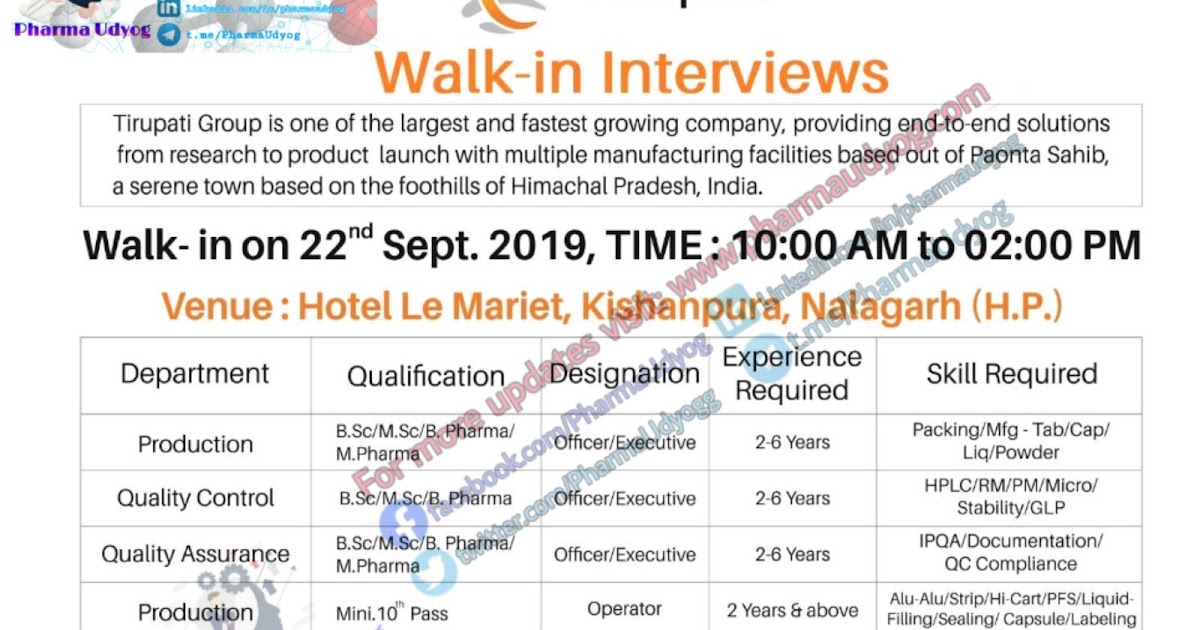 Tirupati Pharma | Walk-in interview at Nalagarh for Production-QC-QA | 22 September 2019 ...
