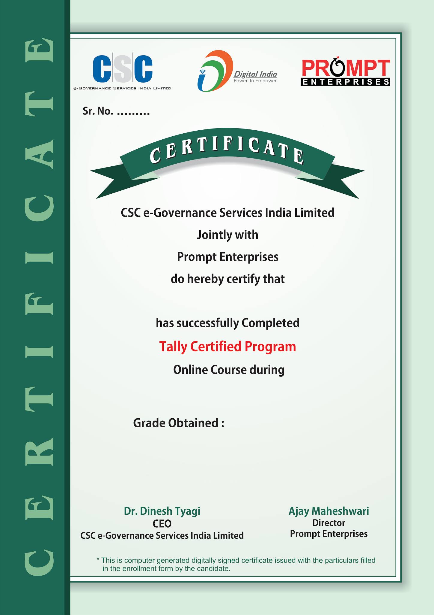 Tally Certificate