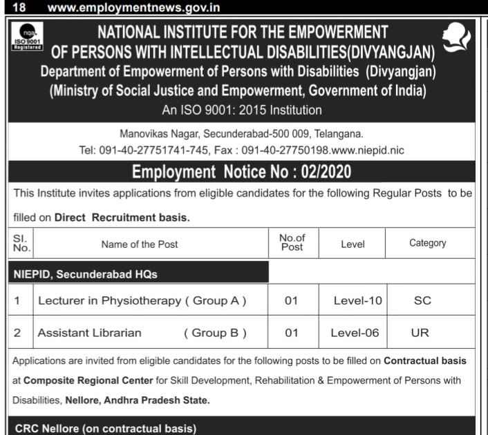 Direct Recruitment of Assistant Librarian at The National Institute for ...