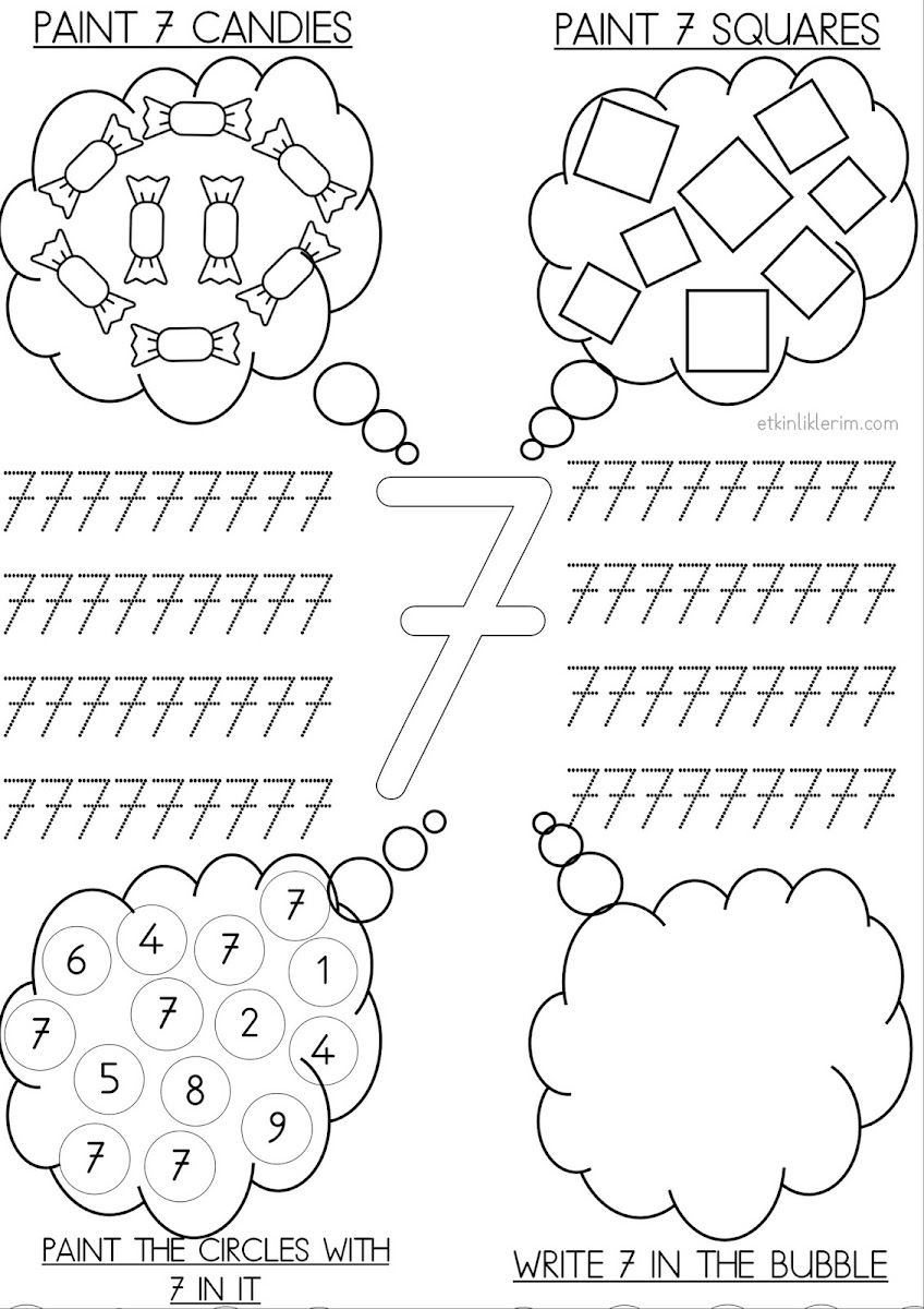 Number 7 Worksheet with Bubbles for Preschool - Tüm Etkinlikler Burada ...