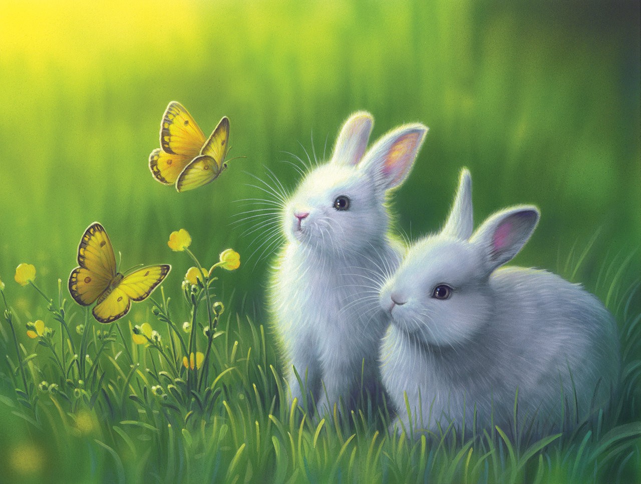 White rabbits, yellow butterflies, and green grass - this art by Kirk ...