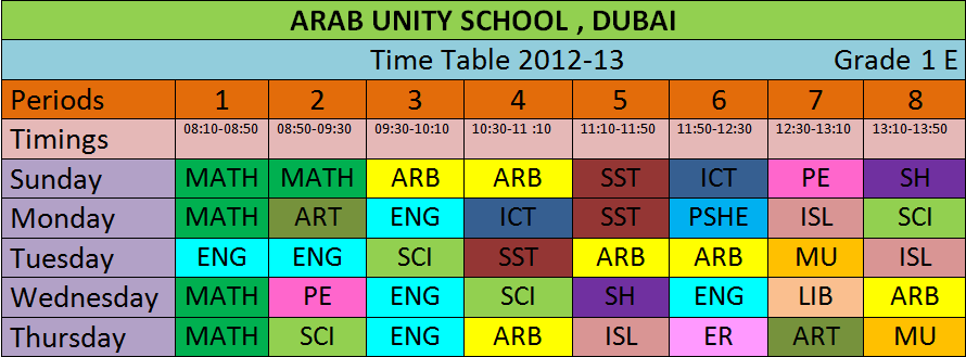 Arab Unity School | Grade 1: Time Table