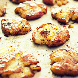 Step 1: Stand facing the stove.: BAKED, SMASHED POTATOES