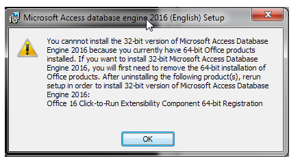 Solución al error de instalación de Microsoft Access Database Engine 2016