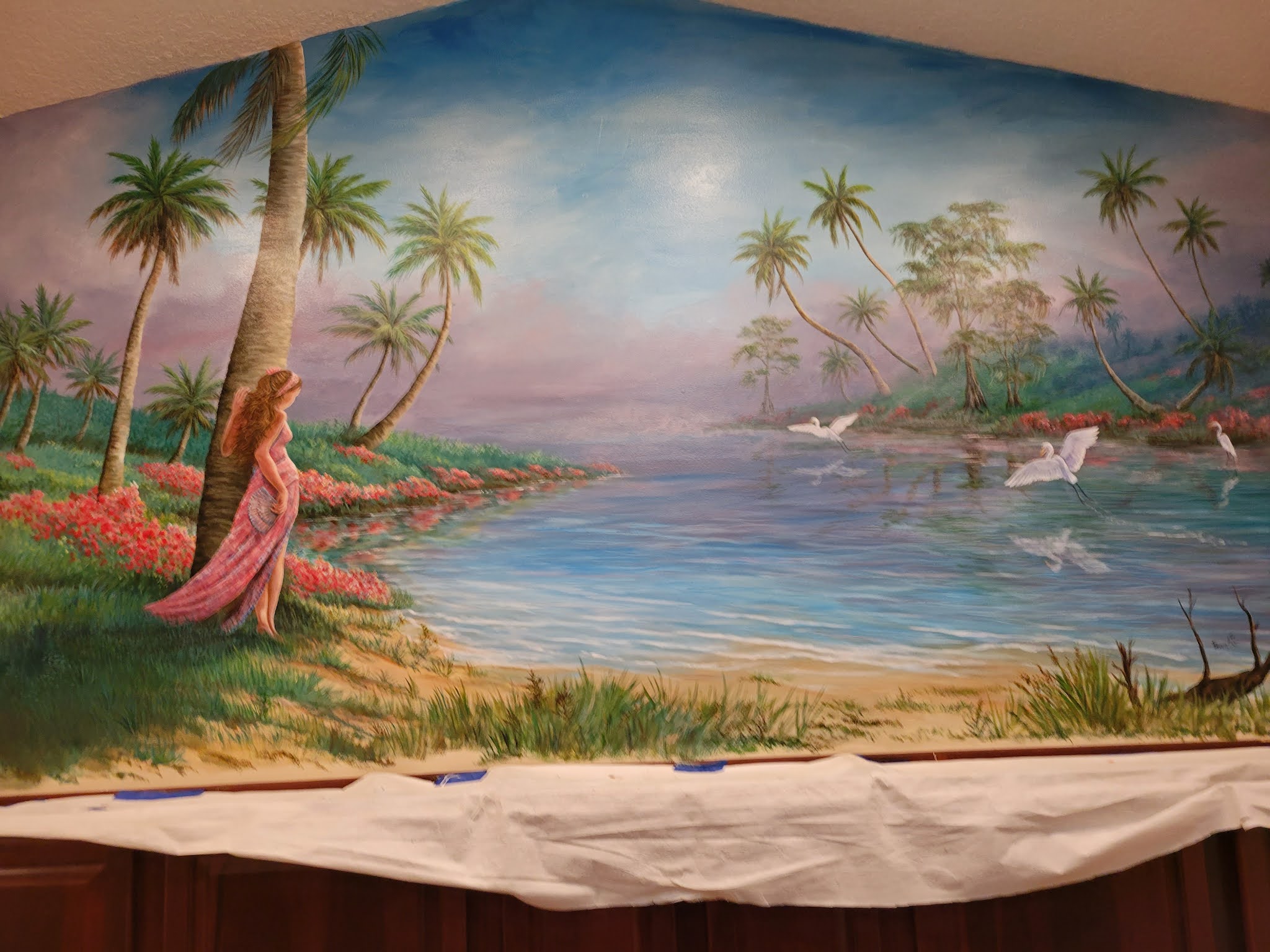 Fawn's Paintings: Victorian mural, woman, palms, flowers and egrets
