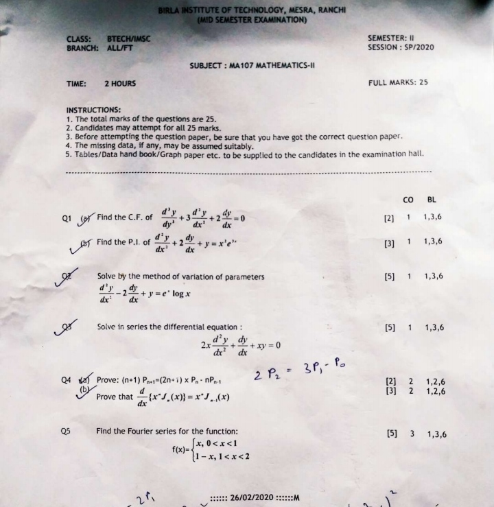 MA107 Mathematics II bit mesra BTECH 2nd semester question paper