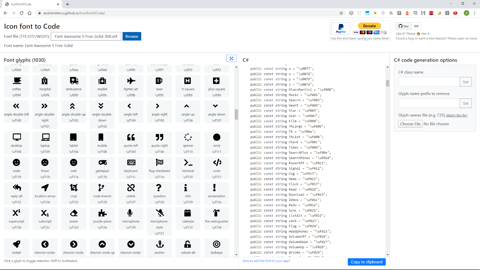 IconFont2Code, my open-source tool in order to view icons in font files ...