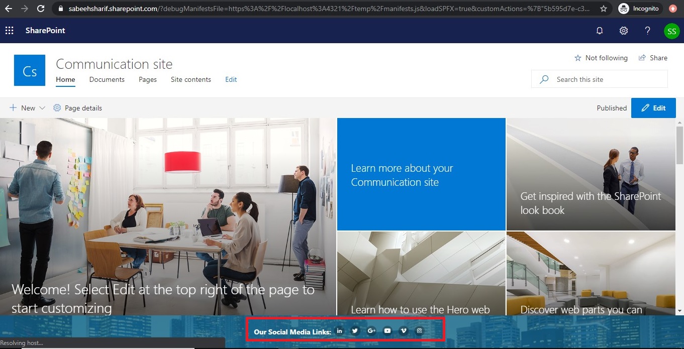 SharePoint: 3: Modify Application Customizer Apply Social Media Links ...