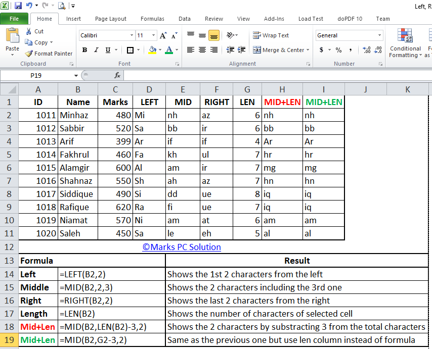 Marks PC Solution: MS Excel Functinos (LEFT, MID, RIGHT, LEN, MID+LEN)