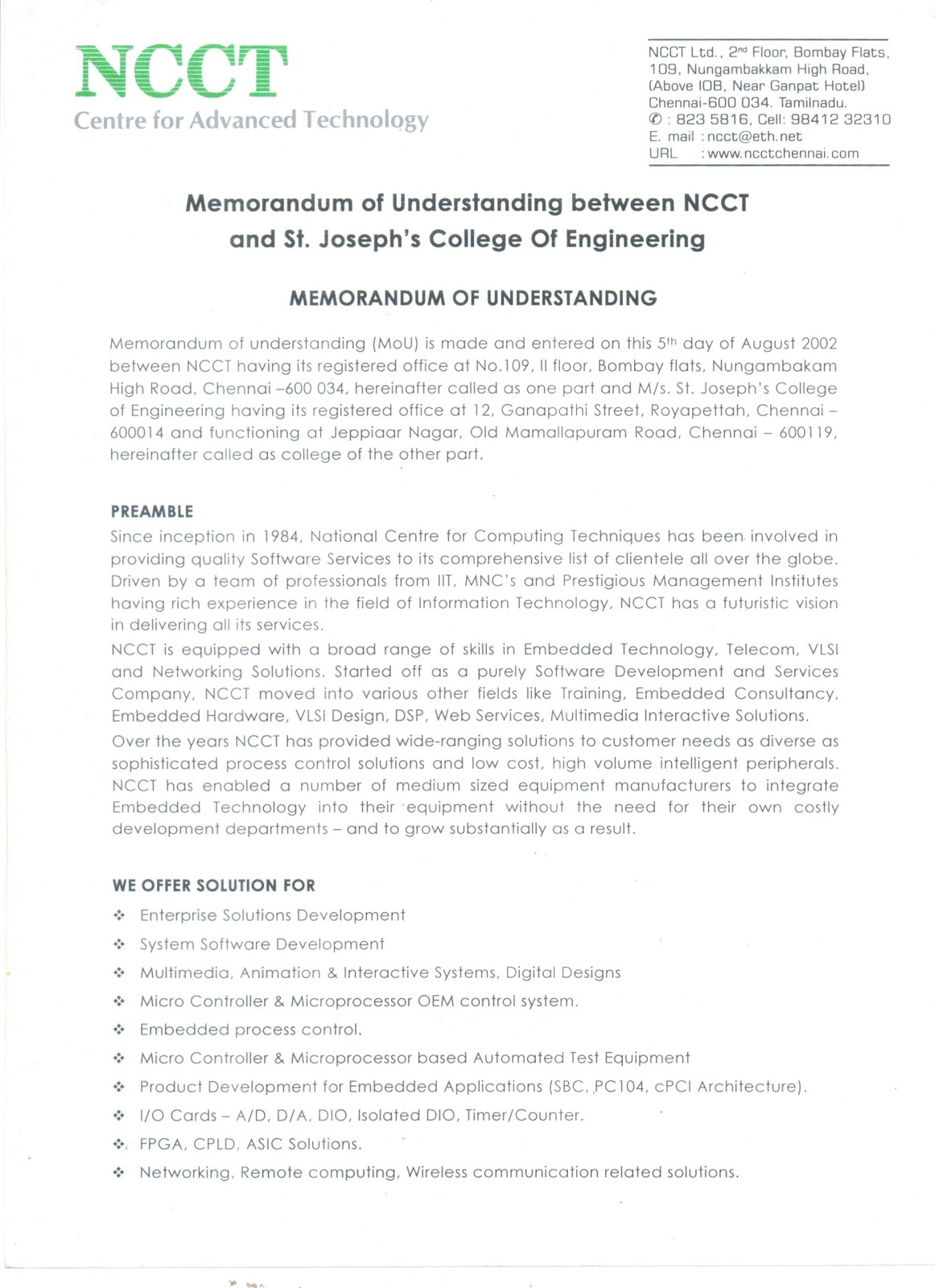 NCCT - Final Year Projects, IEEE Projects 2013, www.ncct.in: MoUs ...