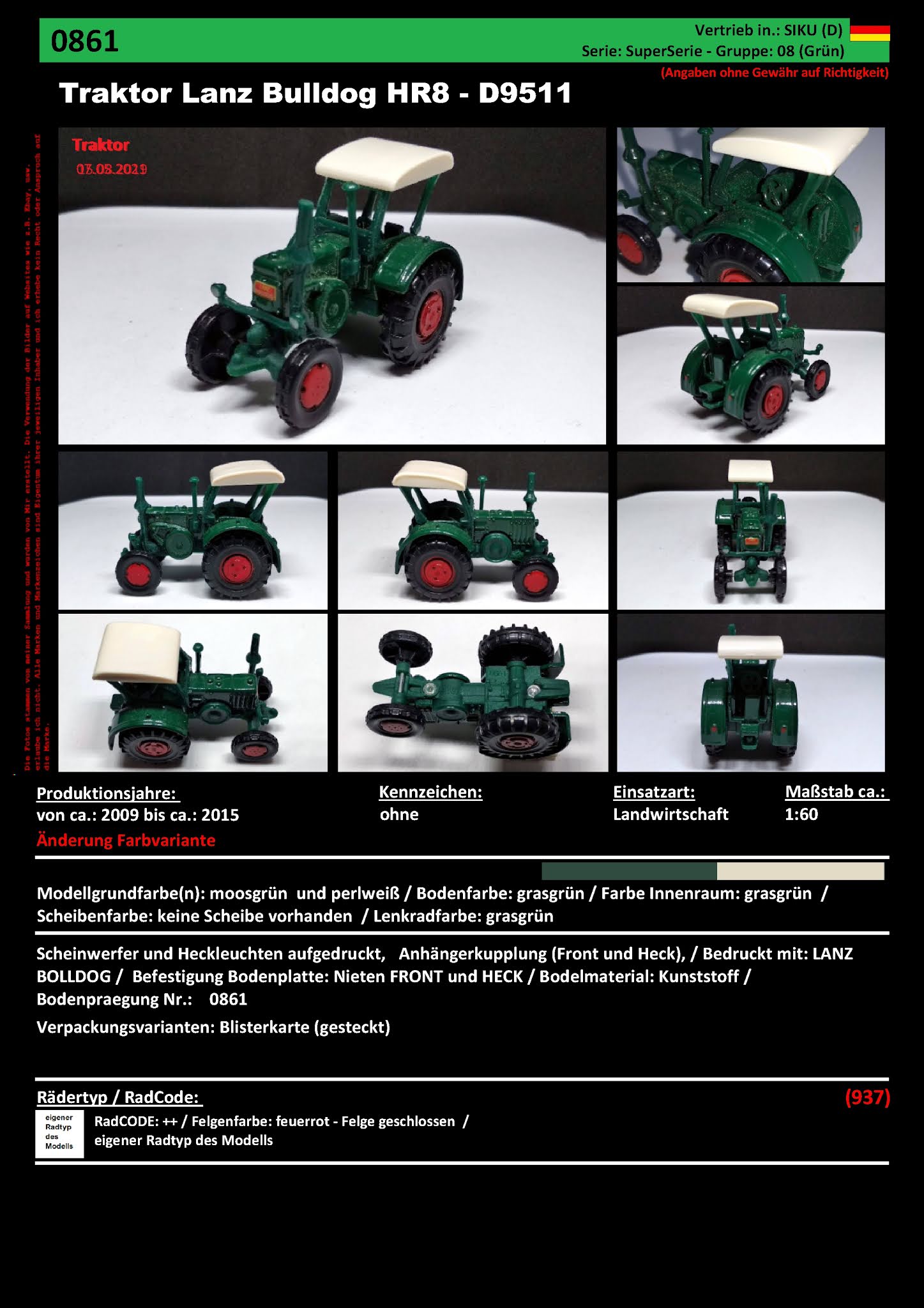 0861 - Traktor Lanz Bulldog HR8 - D9511 - von/ab ca.: 2009 - (SIKU ...