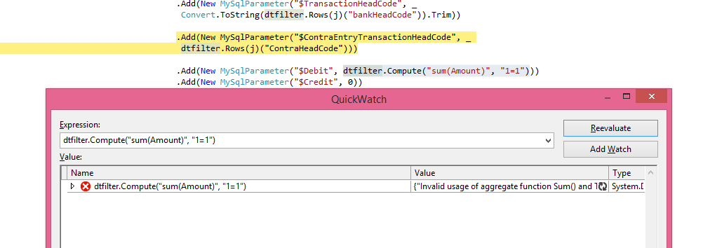 Invalid Usage Of Aggregate Function Sum And Type String Datatable